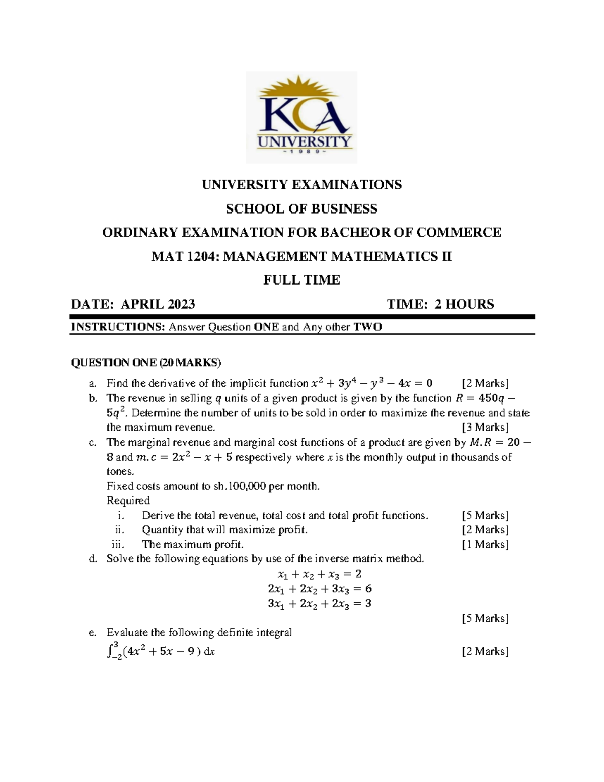 MM 9 - Management Mathematics Questions for KCA University - UNIVERSITY ...