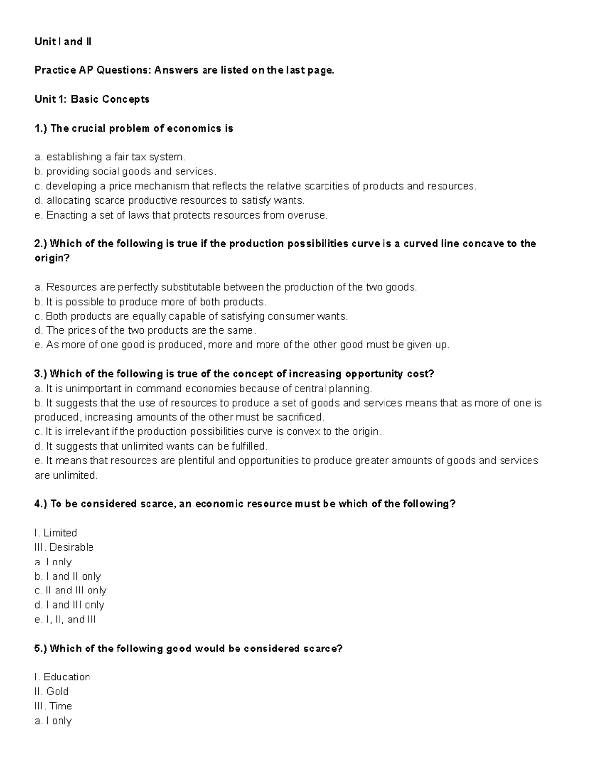 Unit I and II Practice - Unit I and II Practice AP Questions: Answers ...