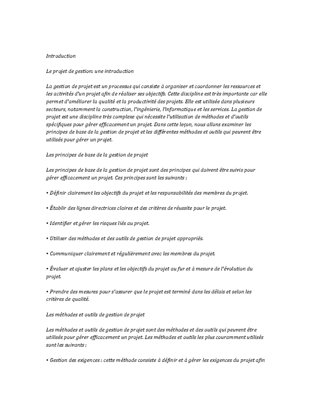Project Management Study Notes - Introduction Le projet de gestion: une ...