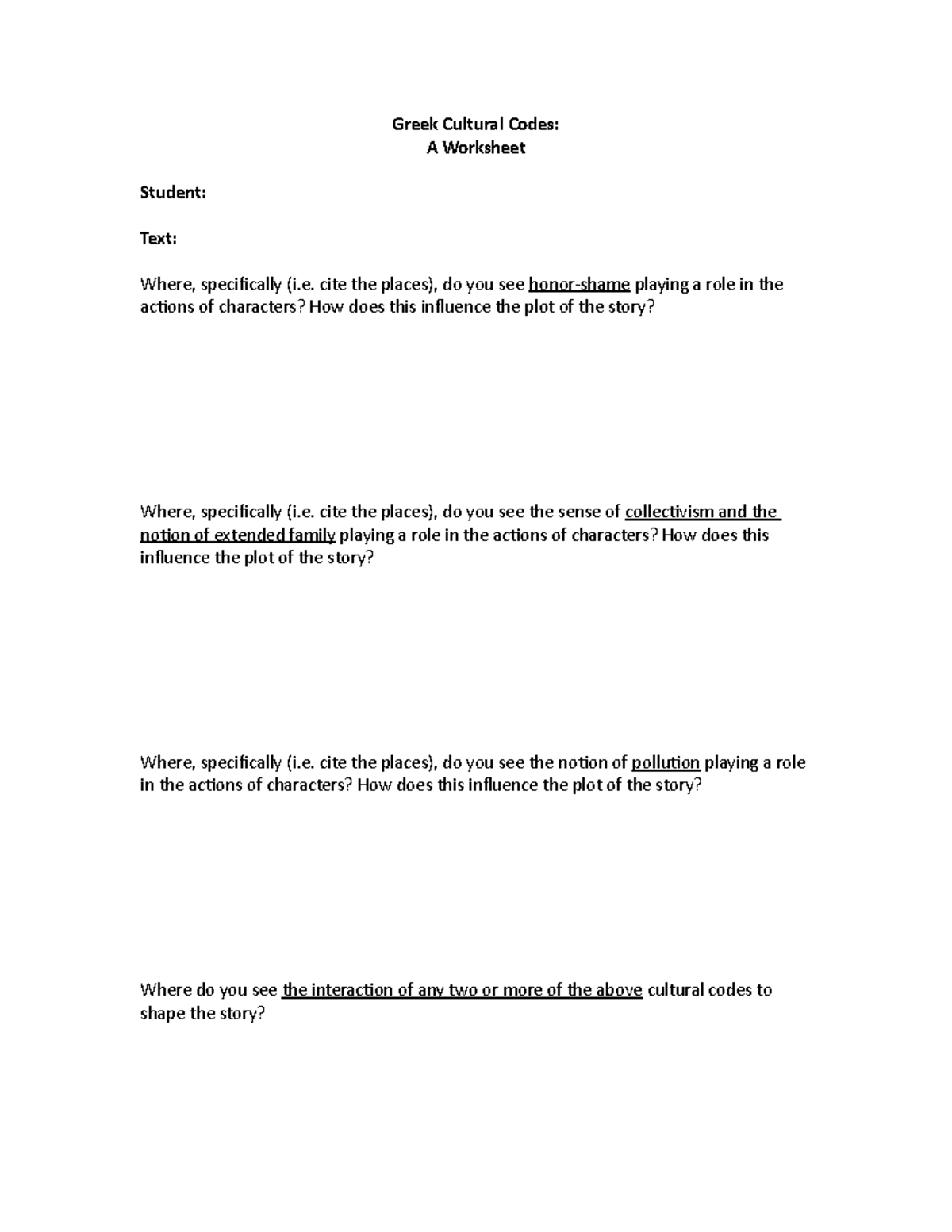 Greek Social and Cultural Codes Worksheet - Greek Cultural Codes: A ...
