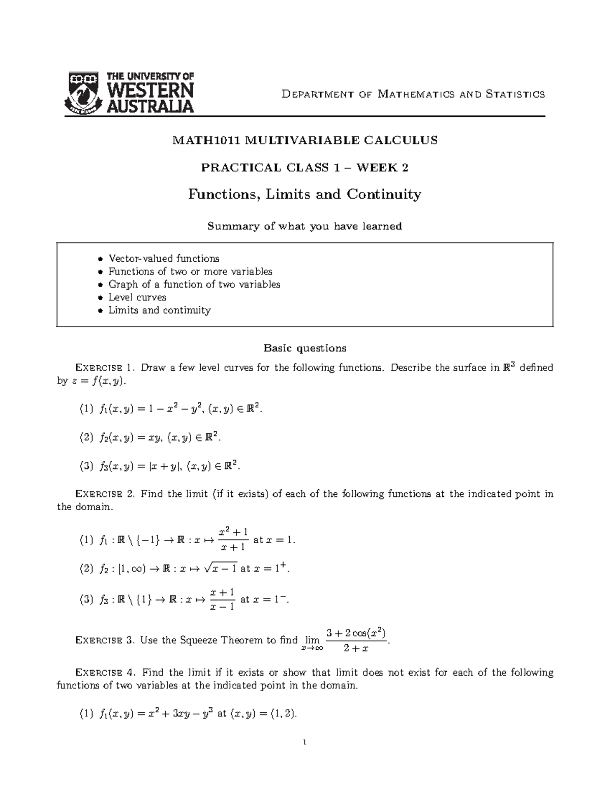 MATH1011 Practical 1 Week 2 - Department of Mathematics and Statistics MATH1011 MULTIVARIABLE ...