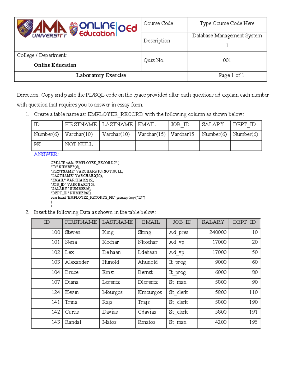 Magalong Shiela Marie Week004 Dml Lab Exer 001 Direction Copy And Paste The Pl Sql Code On