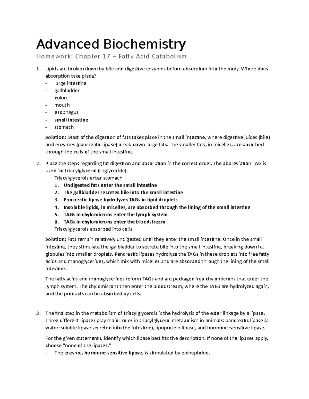 [Sapling] Ch17 Homework - Fatty Acid Catabolism - Advanced Biochemistry ...