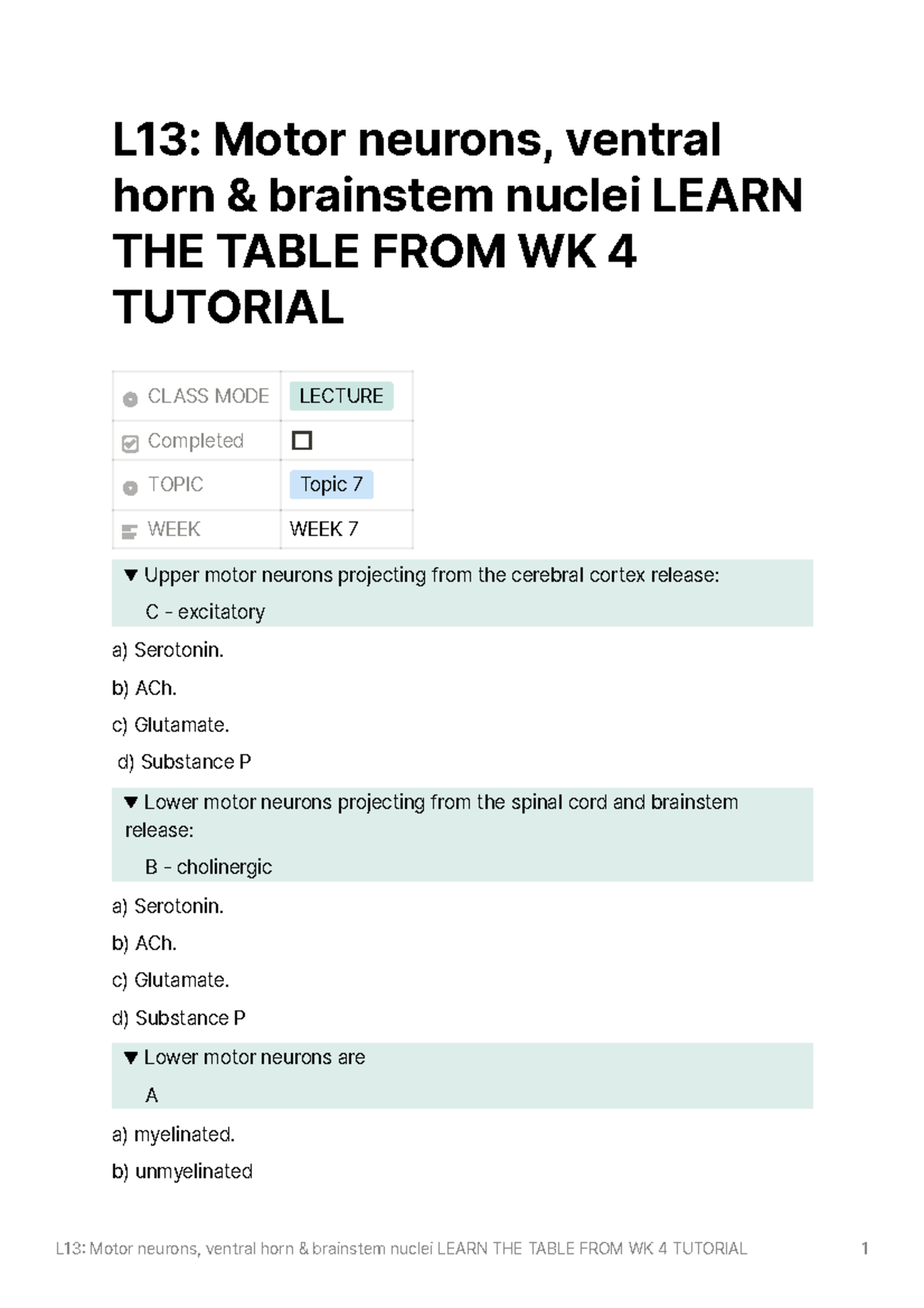 L13 Motor neurons ventral horn brainstem nuclei Learn THE Table FROM WK 4 Tutorial - L13: Motor ...