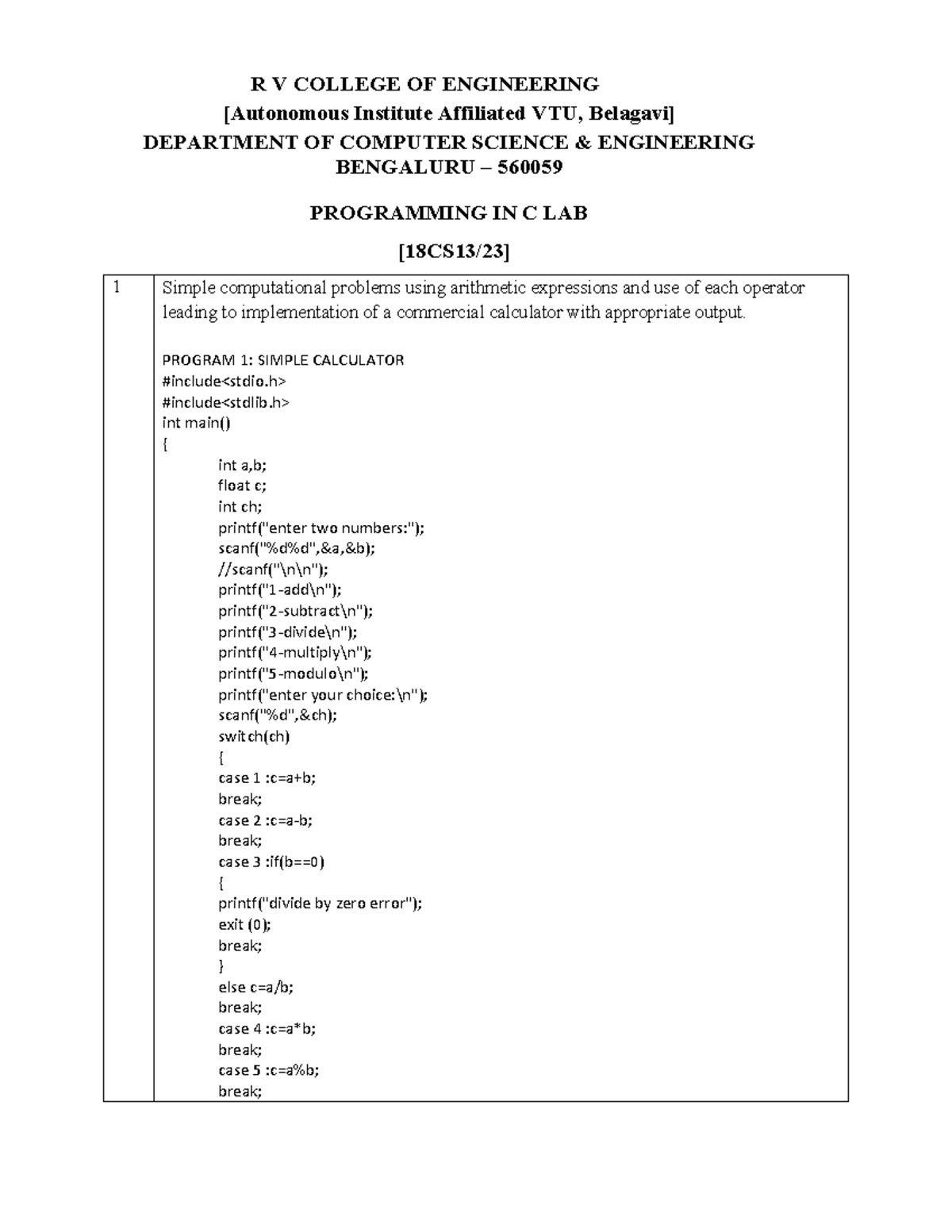 Lab programs for Labsee-1 - R V COLLEGE OF ENGINEERING [Autonomous ...