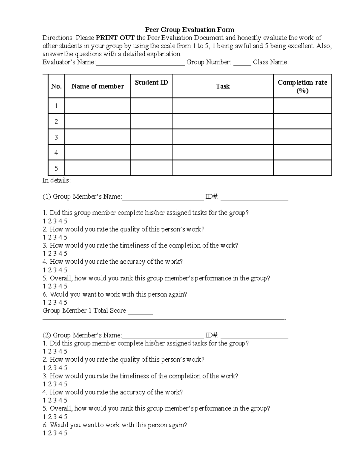 Peer Group Evaluation - helooo - Peer Group Evaluation Form Directions ...