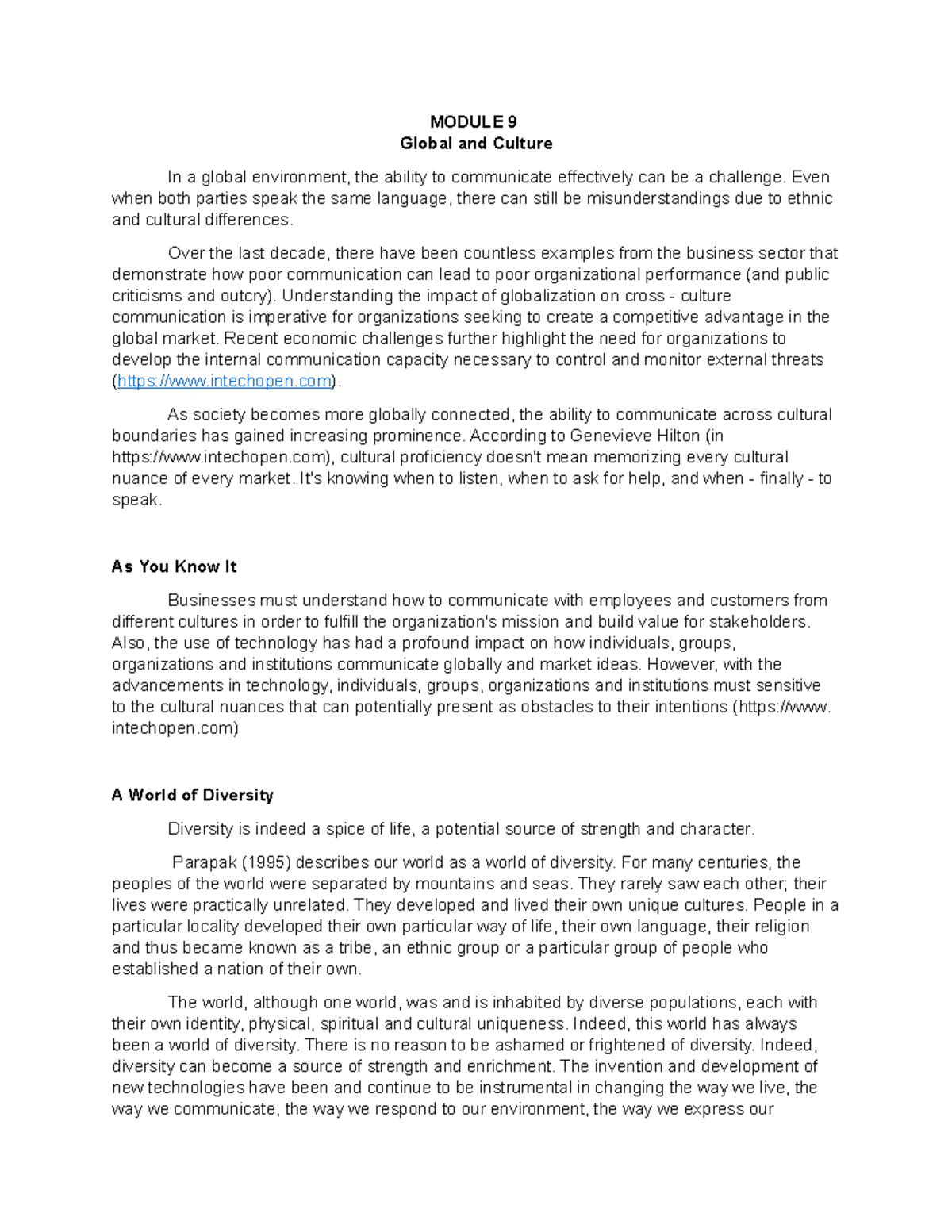 Module-9 - global and culture - MODULE 9 Global and Culture In a global environment, the ability ...