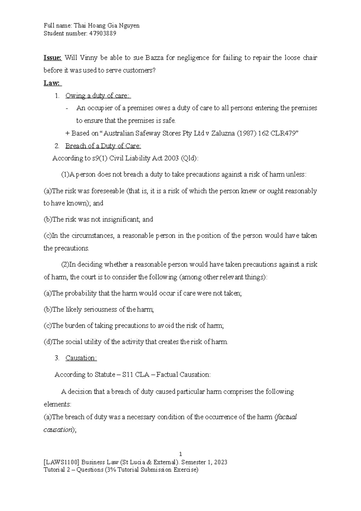 assignment turorial week 2 - Full name: Thai Hoang Gia Nguyen Student number: 47903889 Issue ...