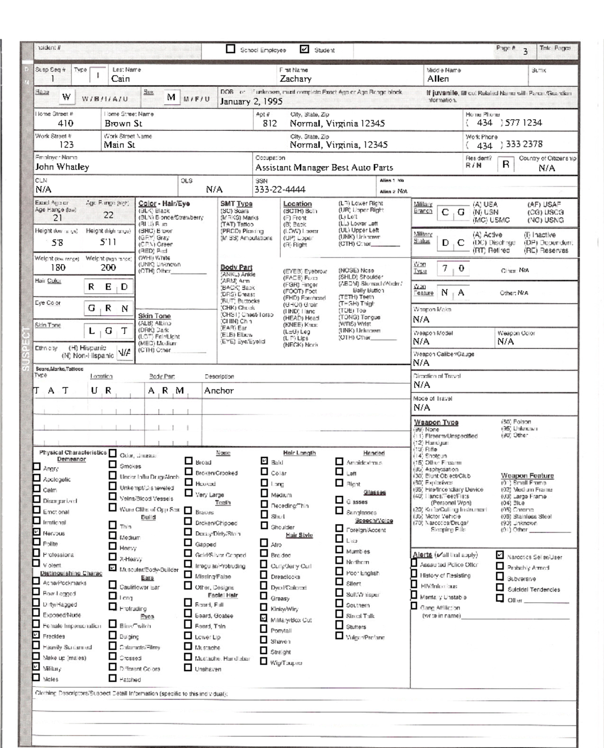 Investigation Project Suspect and Property Sheet - POLICE REPORT (P.-18 BASE3) (11/24/99 ...