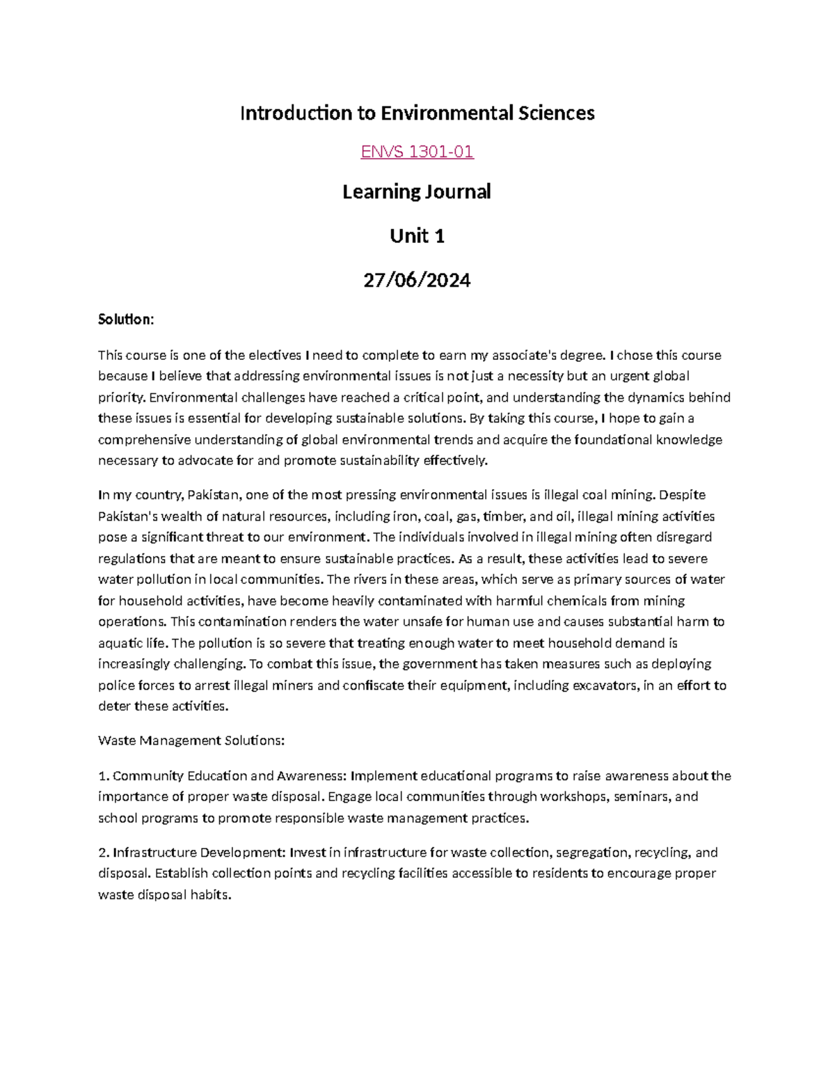 Introduction to Environmental Sciences Learning Journal 1 ...