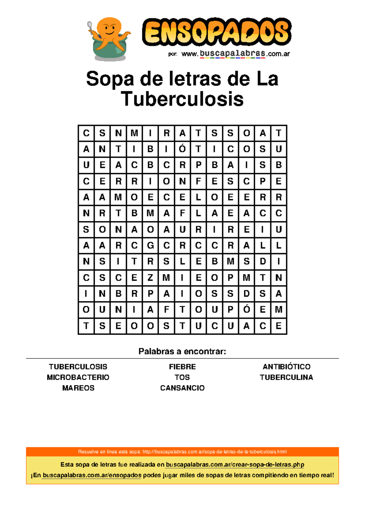 Sopa de letras de la tuberculosis - Sopa de letras de La Tuberculosis C ...