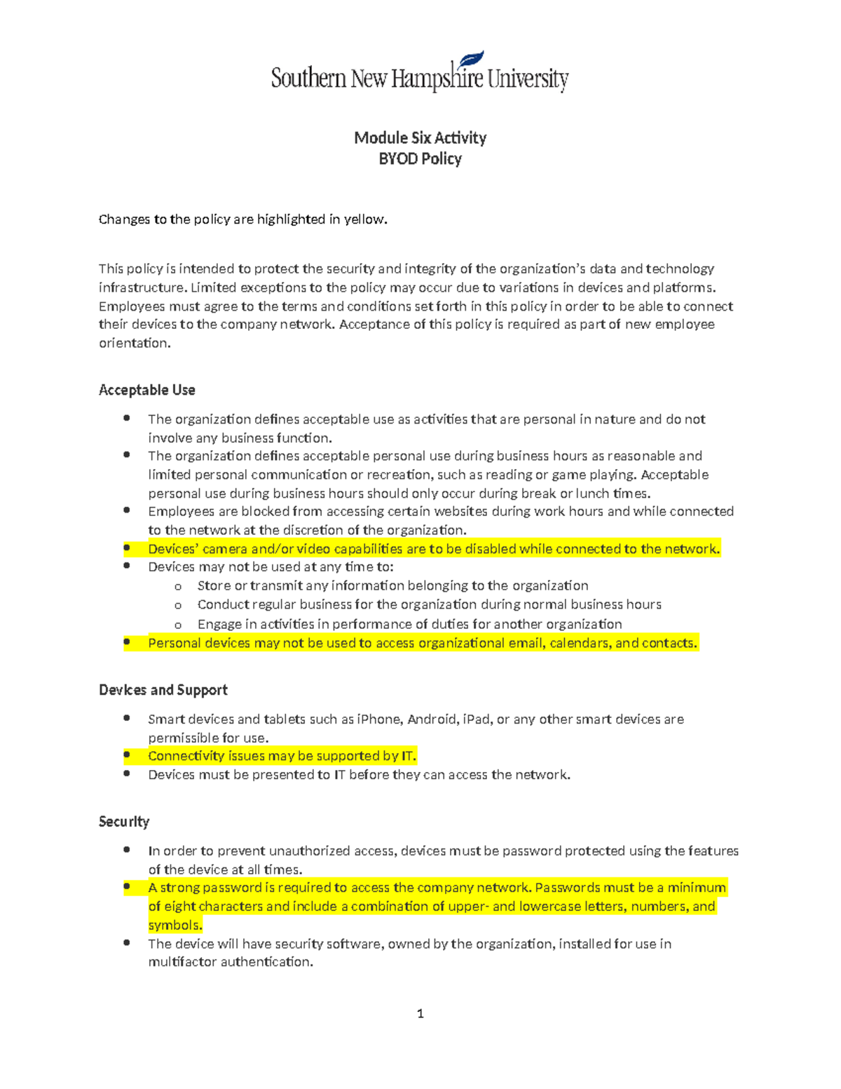 CYB 250 Module Six Activity - Module Six Activity BYOD Policy Changes ...