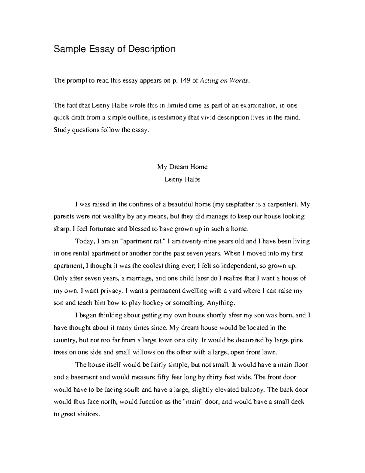 Good Descriptive Essay Example - Sample Essay of Description The prompt ...