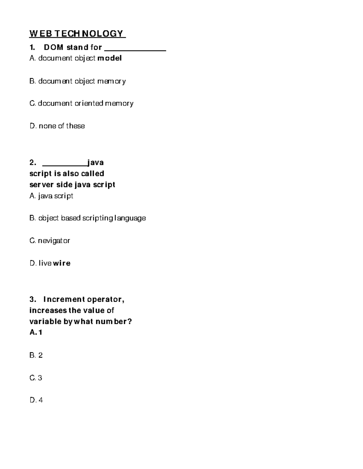 Web tech2 - fgf - WEB TECHNOLOGY 1. DOM stand for A. document object ...