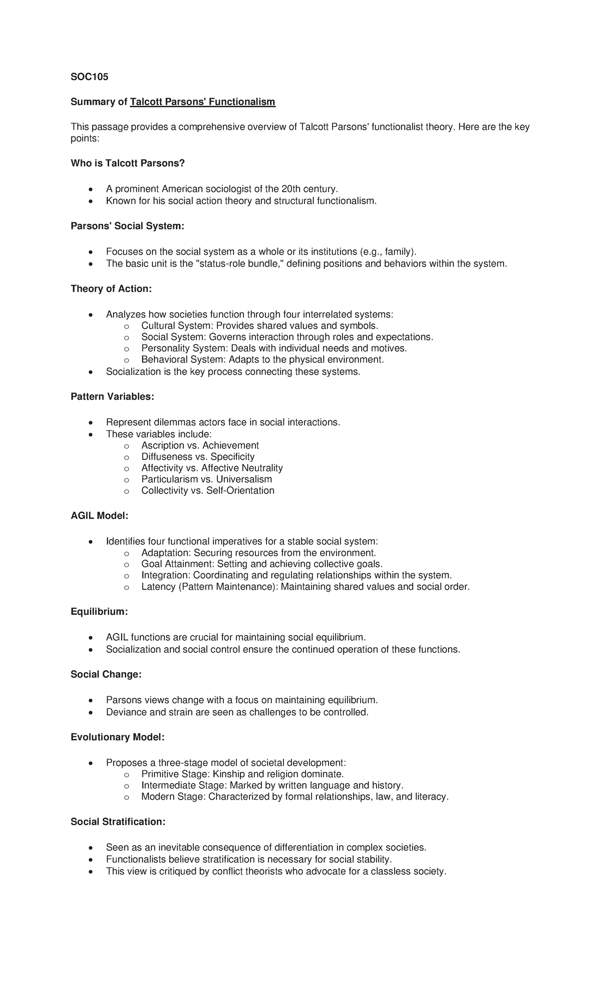 Reviewer Parsons - SOC 105 Summary of Talcott Parsons' Functionalism ...