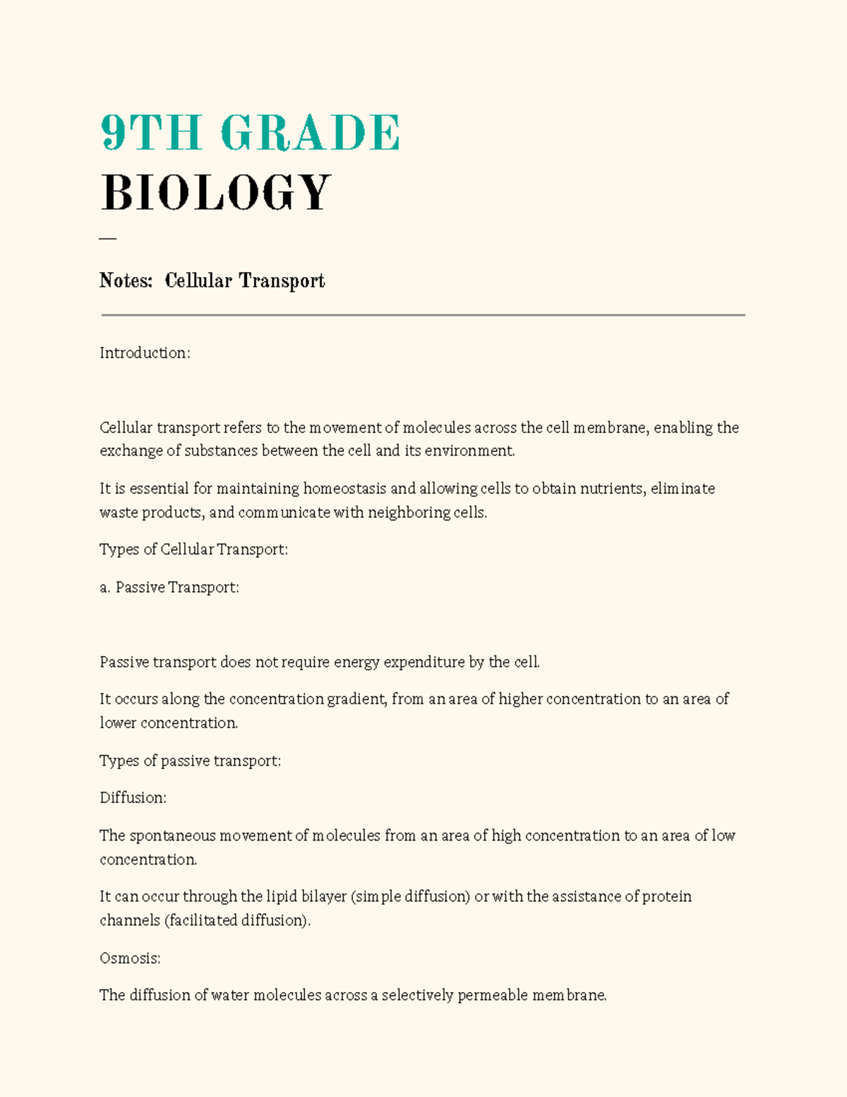 Cellular Transport - 9TH GRADE BIOLOGY ___ Notes: Cellular Transport ...