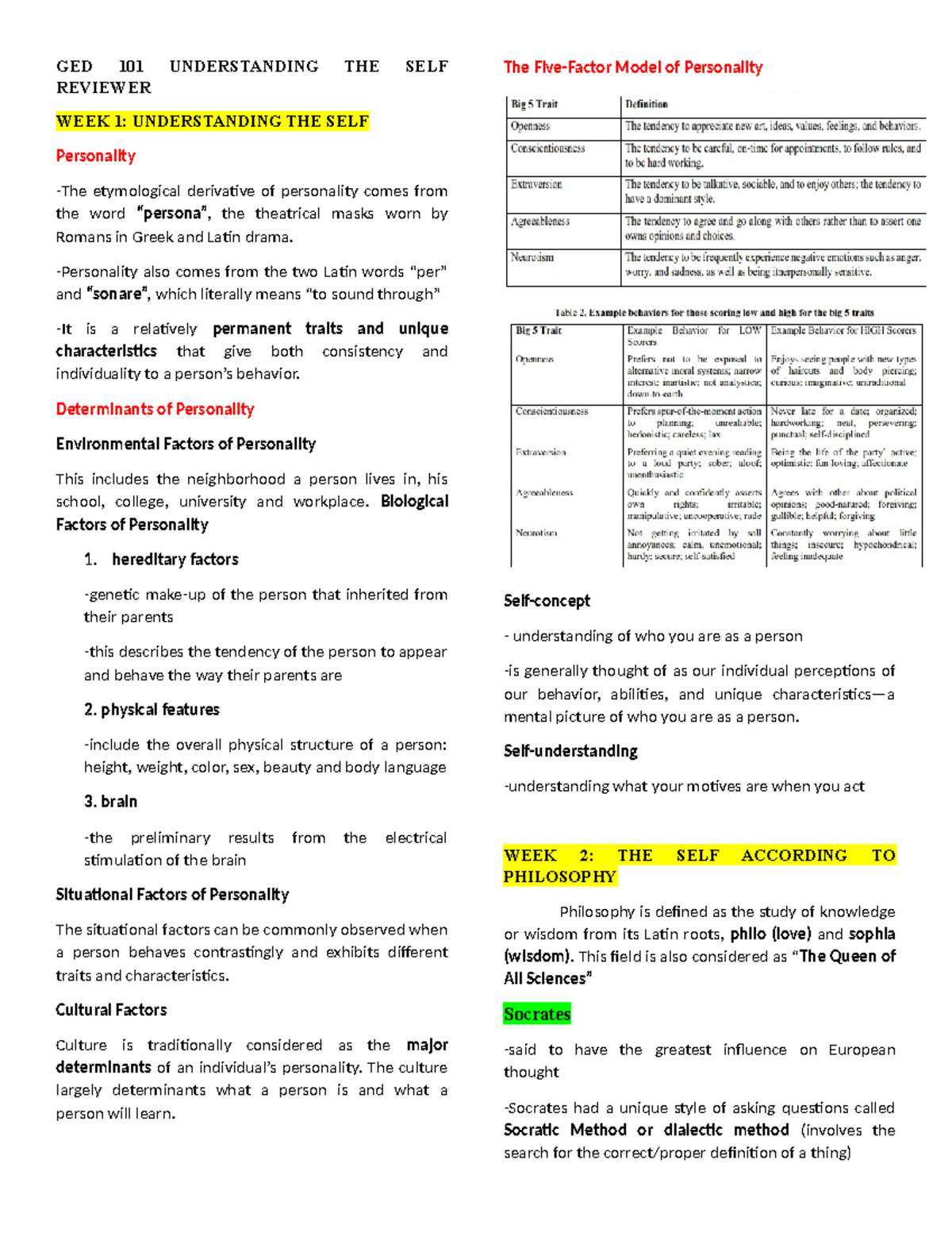 UTS-Reviewer - GED 101 UNDERSTANDING THE SELF REVIEWER WEEK 1: UNDERSTANDING THE SELF ...