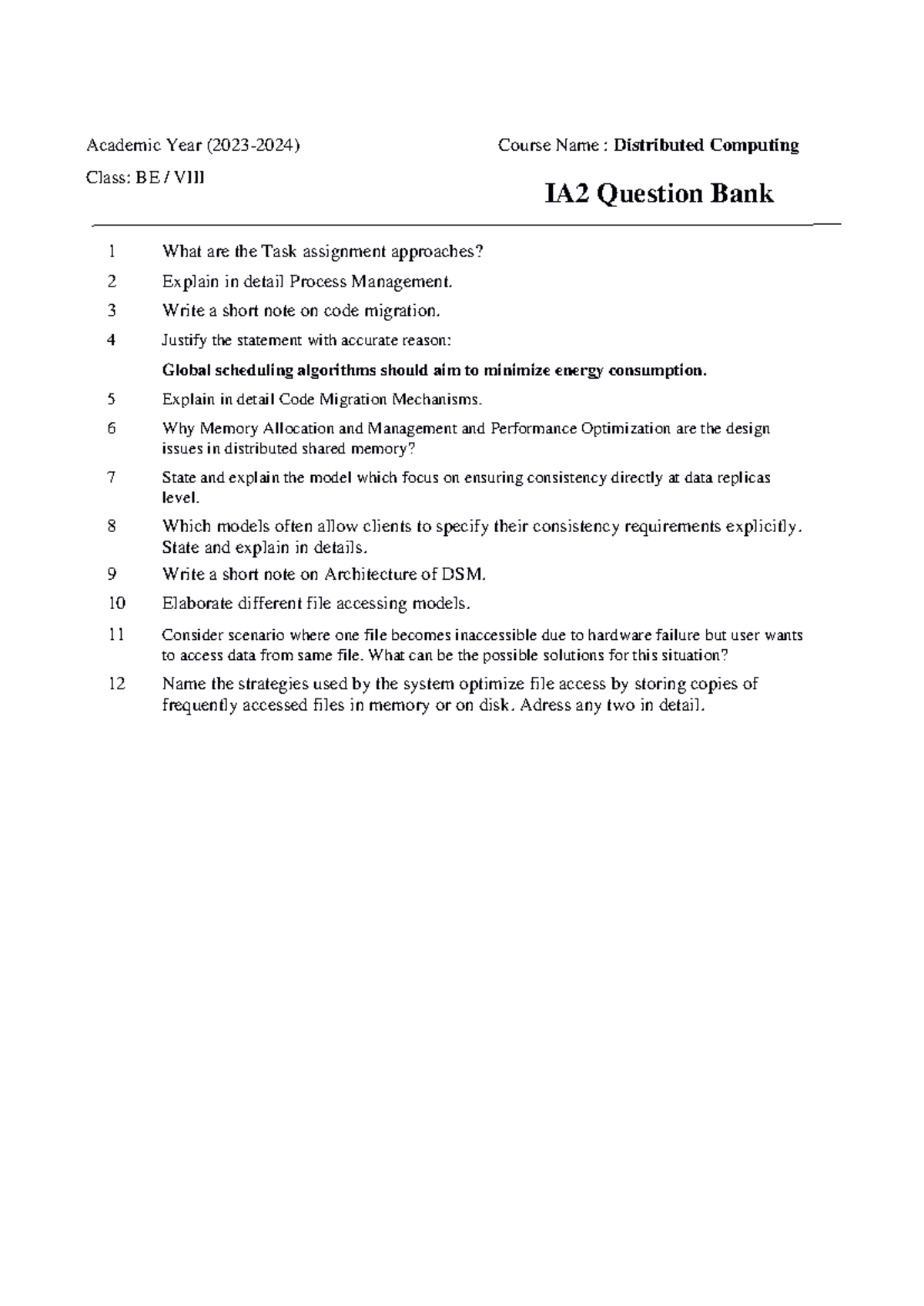 IA 2 Question Bank -DC - Academic Year (2023-2024) Class: BE / VIII ...