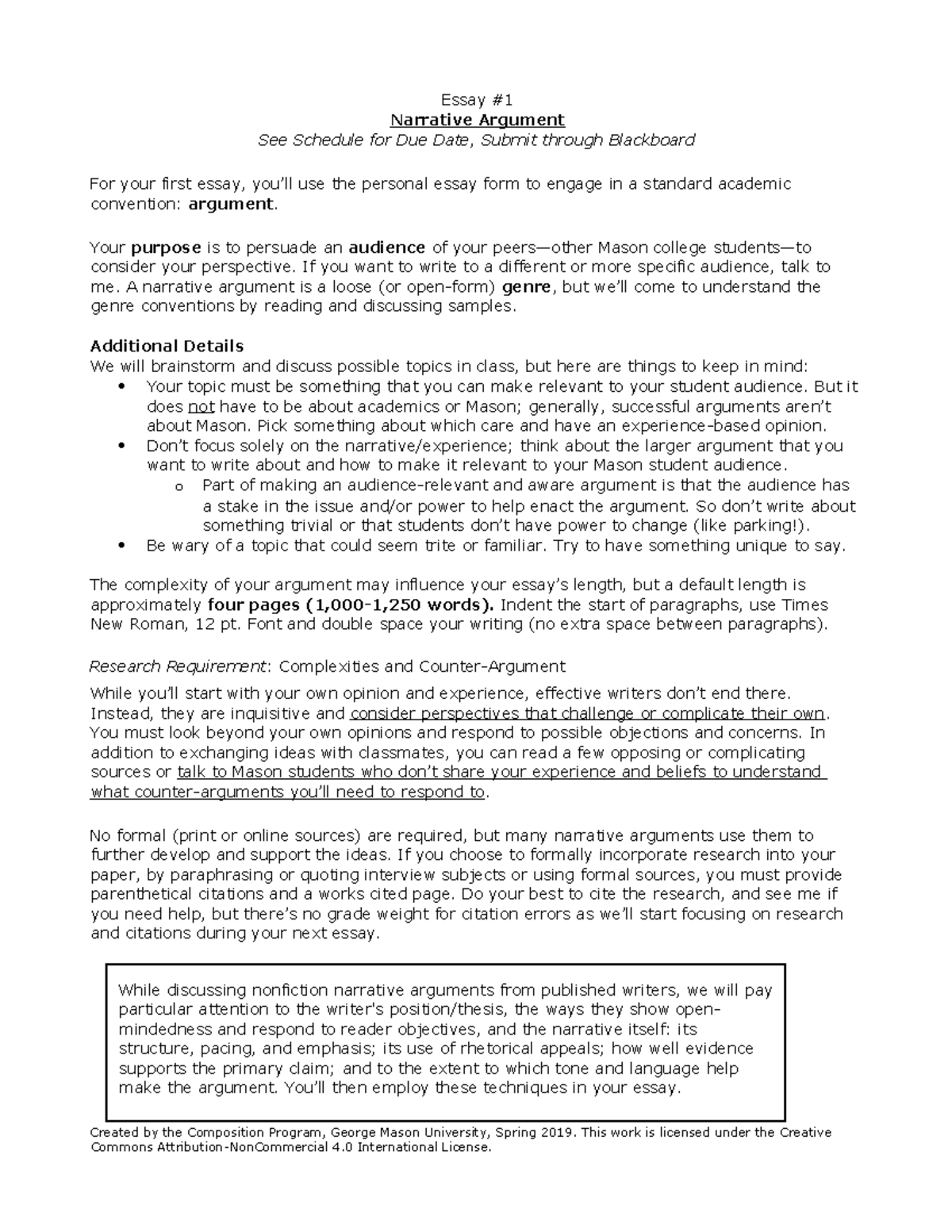 1 ENGH101 Narrative Argument Assignment Handout - Essay # Narrative ...