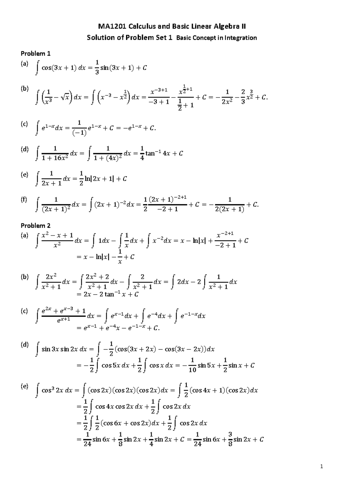 integrationintegration - MA1201 Calculus and Basic Linear Algebra II Solution of Problem Set 1 ...