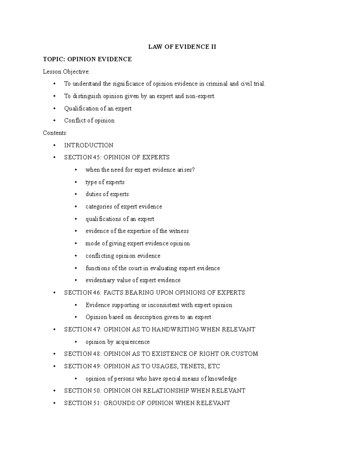 LAW OF Evidence II SYLLABUS CONTENTS - LAW OF EVIDENCE II TOPIC ...