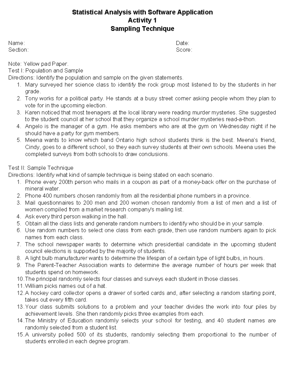 Statistical Analysis with Software Application Activity 1 topic 3 ...