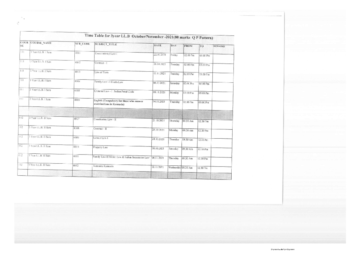 Time table-October November-2021 - Llb 3 years - Studocu