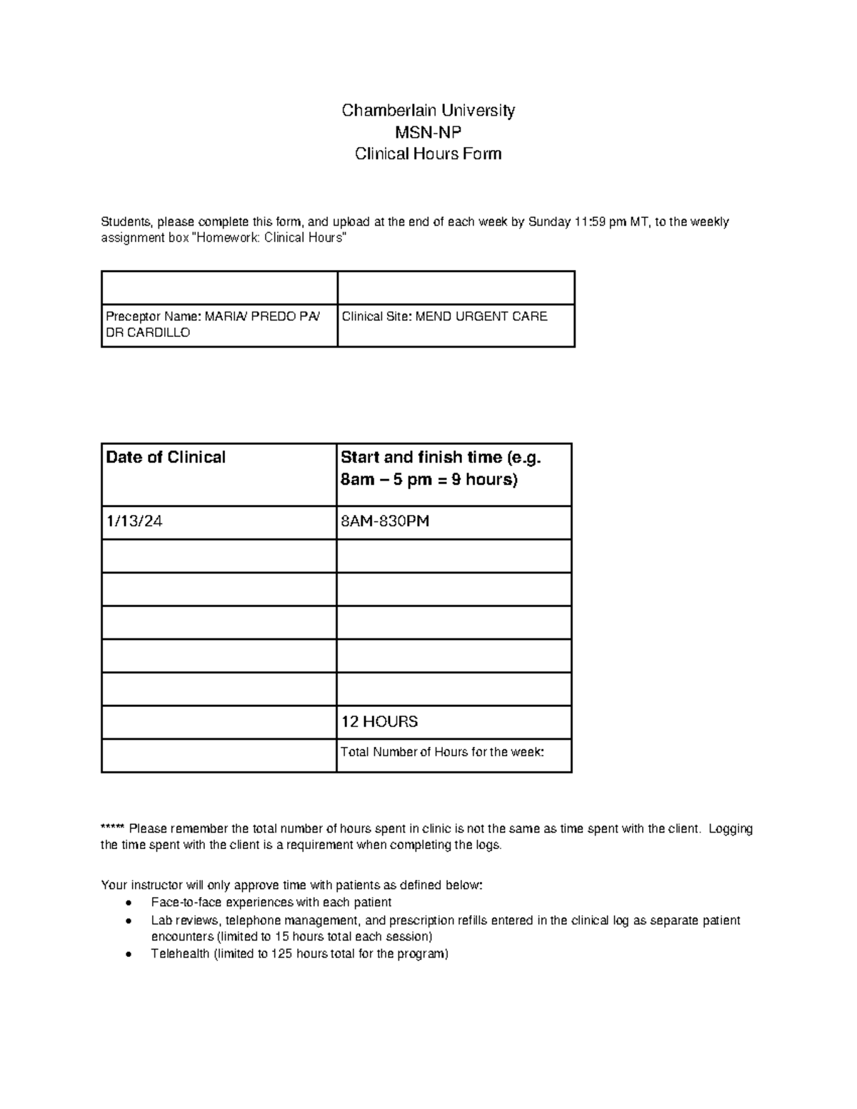 Document 14 - clinical hours form - Chamberlain University MSN-NP ...