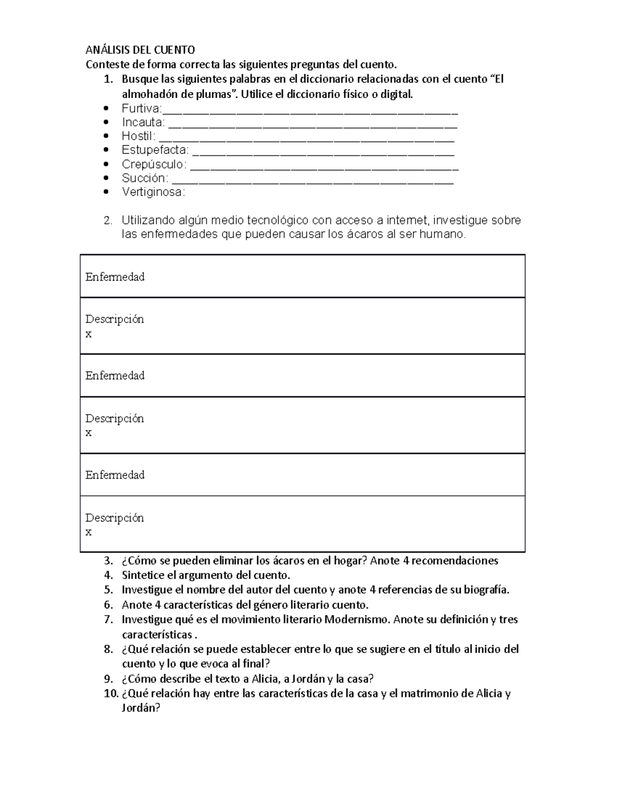 Análisis DEL Cuento Almohadon DE Plumas - ANÁLISIS DEL CUENTO Conteste ...