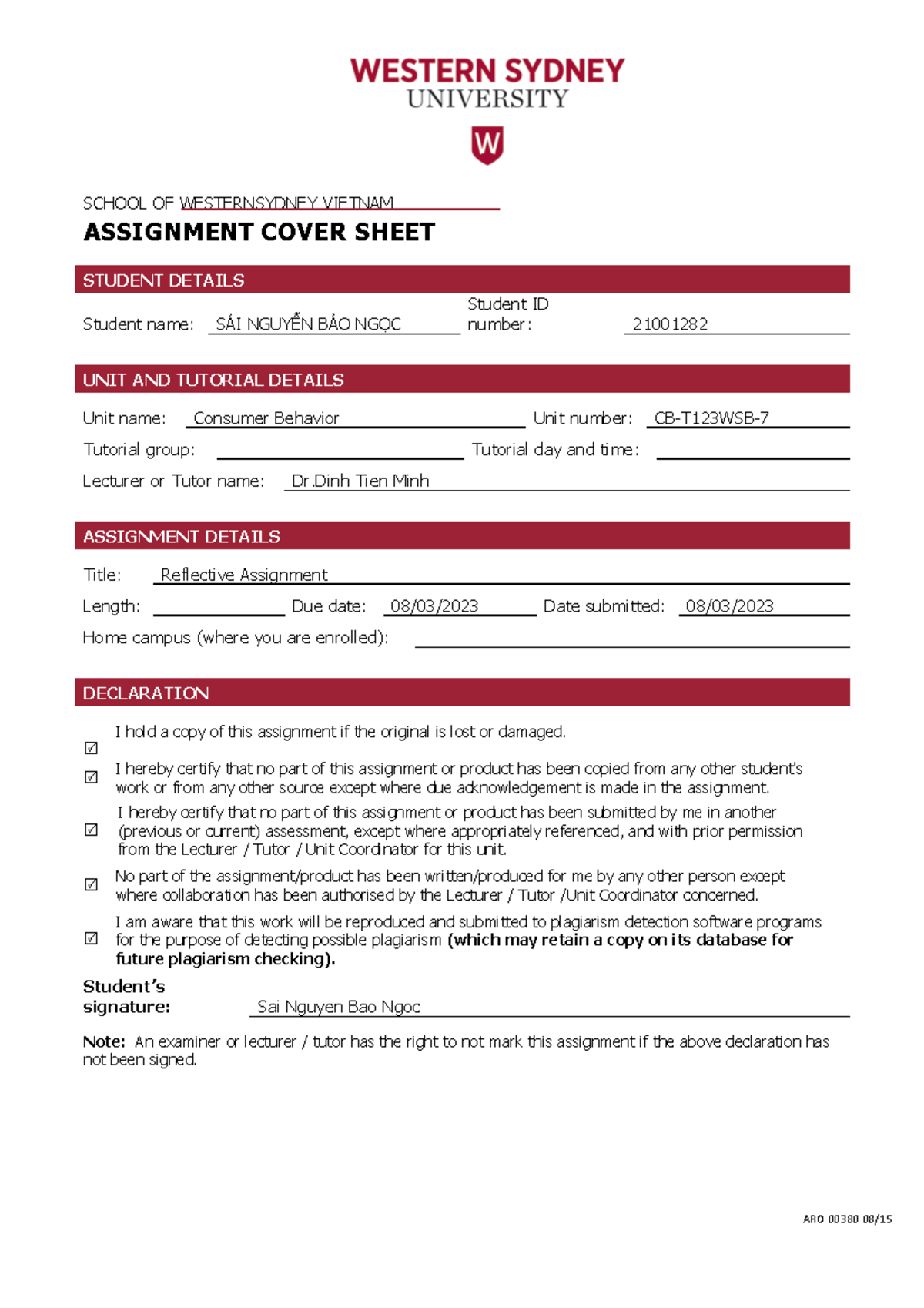 Reflective Assignment - SCHOOL OF WESTERNSYDNEY VIETNAM ASSIGNMENT ...