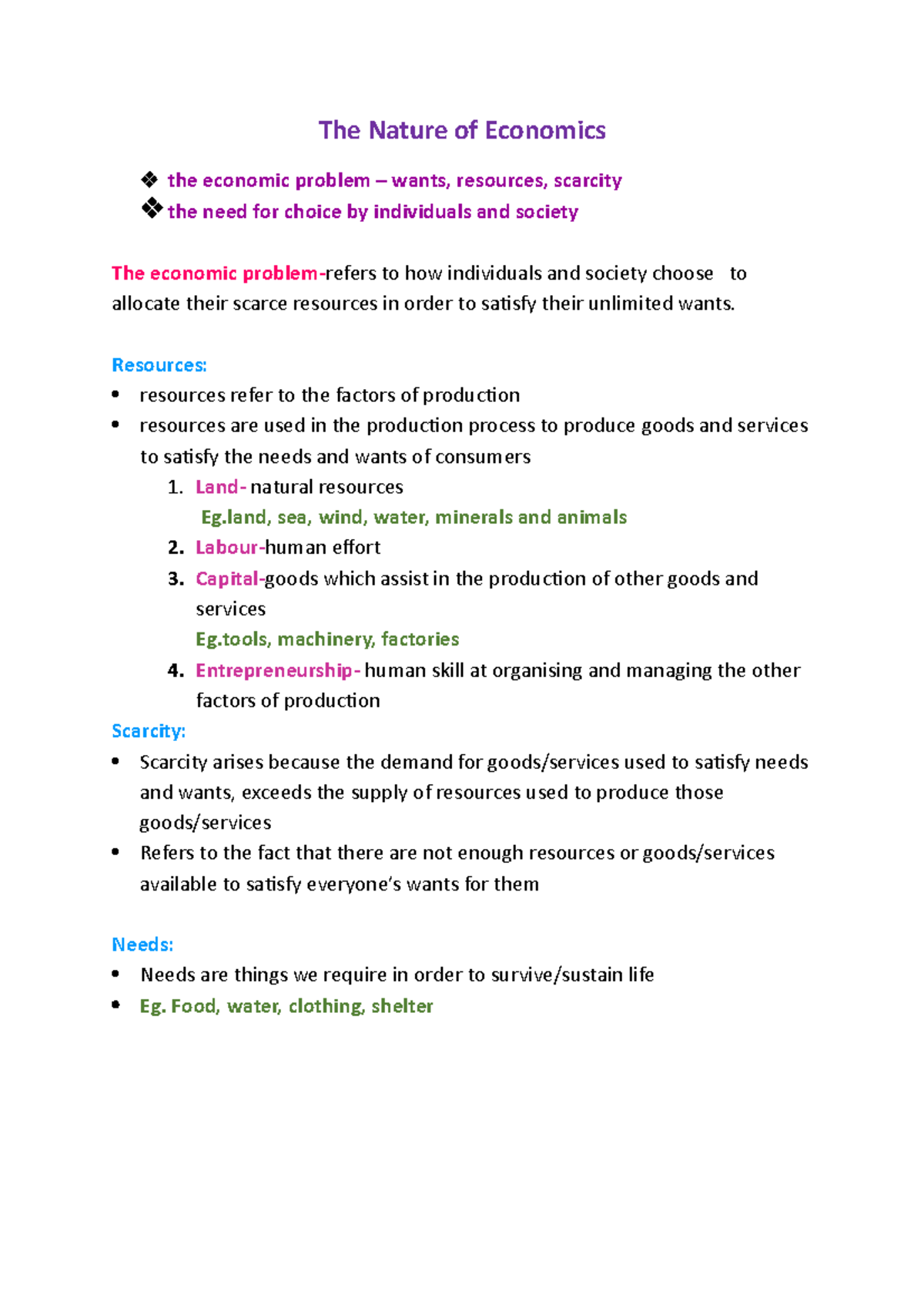COMM1110 lecture notes week 2 - The Nature of Economics the economic ...