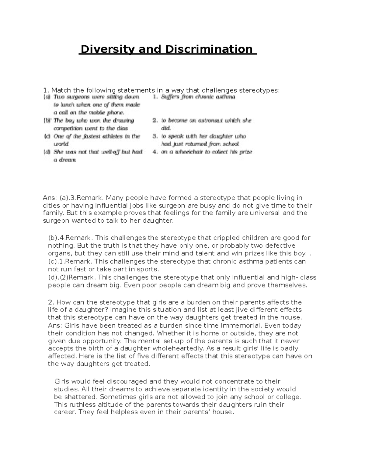 Answer sheeet Class 6 Social and political Life Chapter 2 Diversity and ...