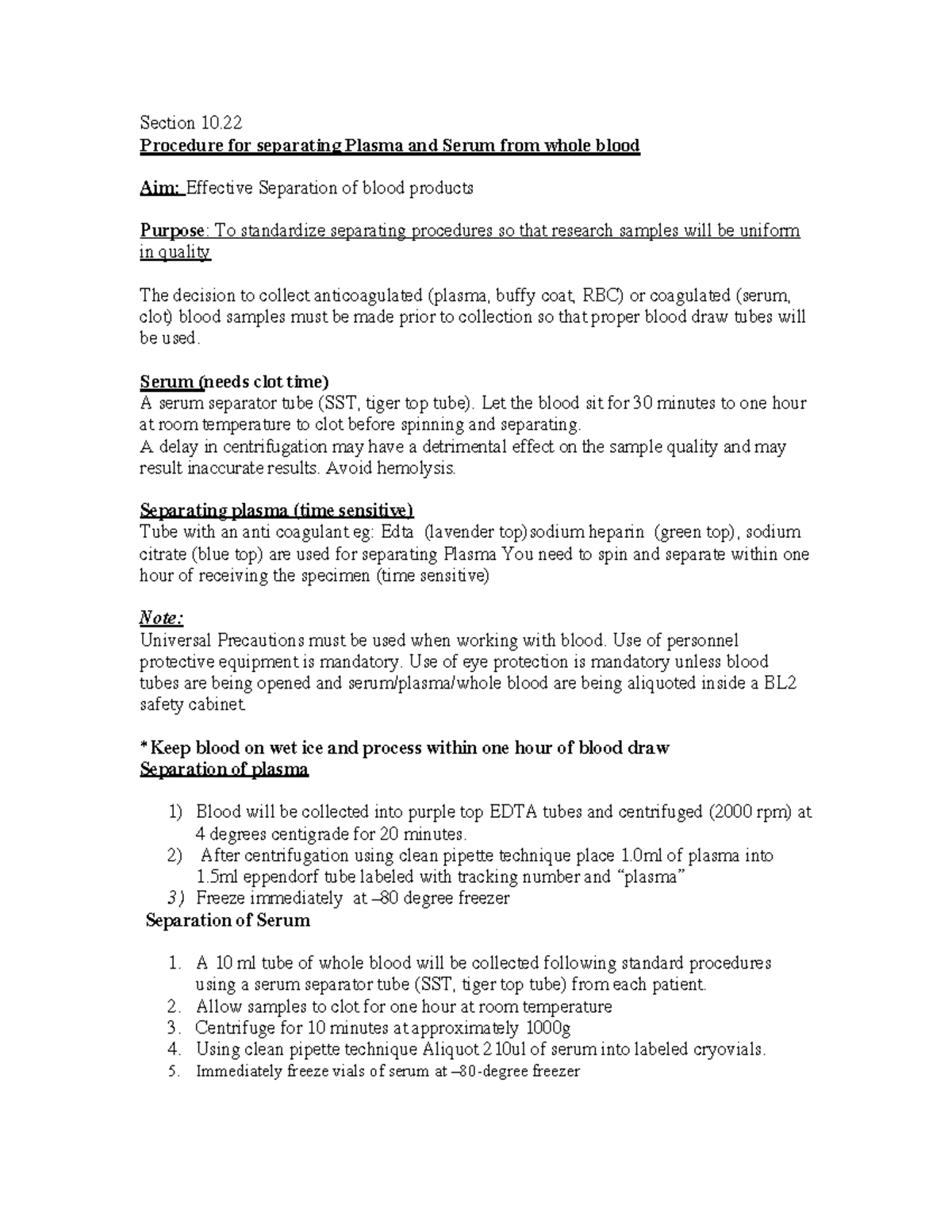 C4Procedure For Serum And Plasma Separtion - Section 10. Procedure for ...
