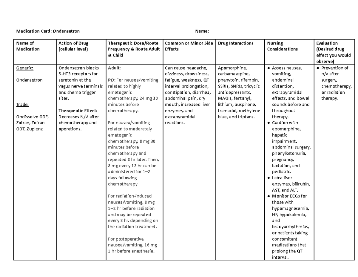 Ondansetron Medication Card - Medication Card: Ondansetron Name: Name ...