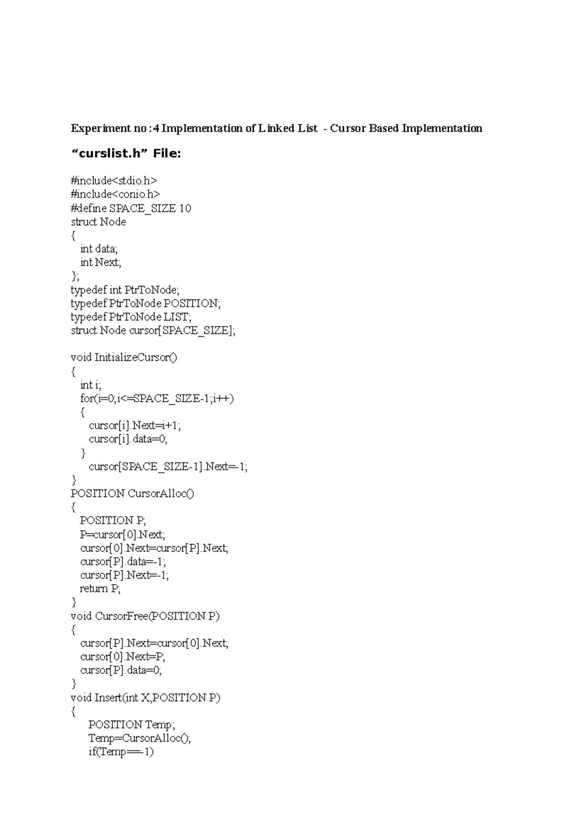 Dsa Experiments 4 8 Notes Experiment No 4 Implementation Of Linked List Cursor Based