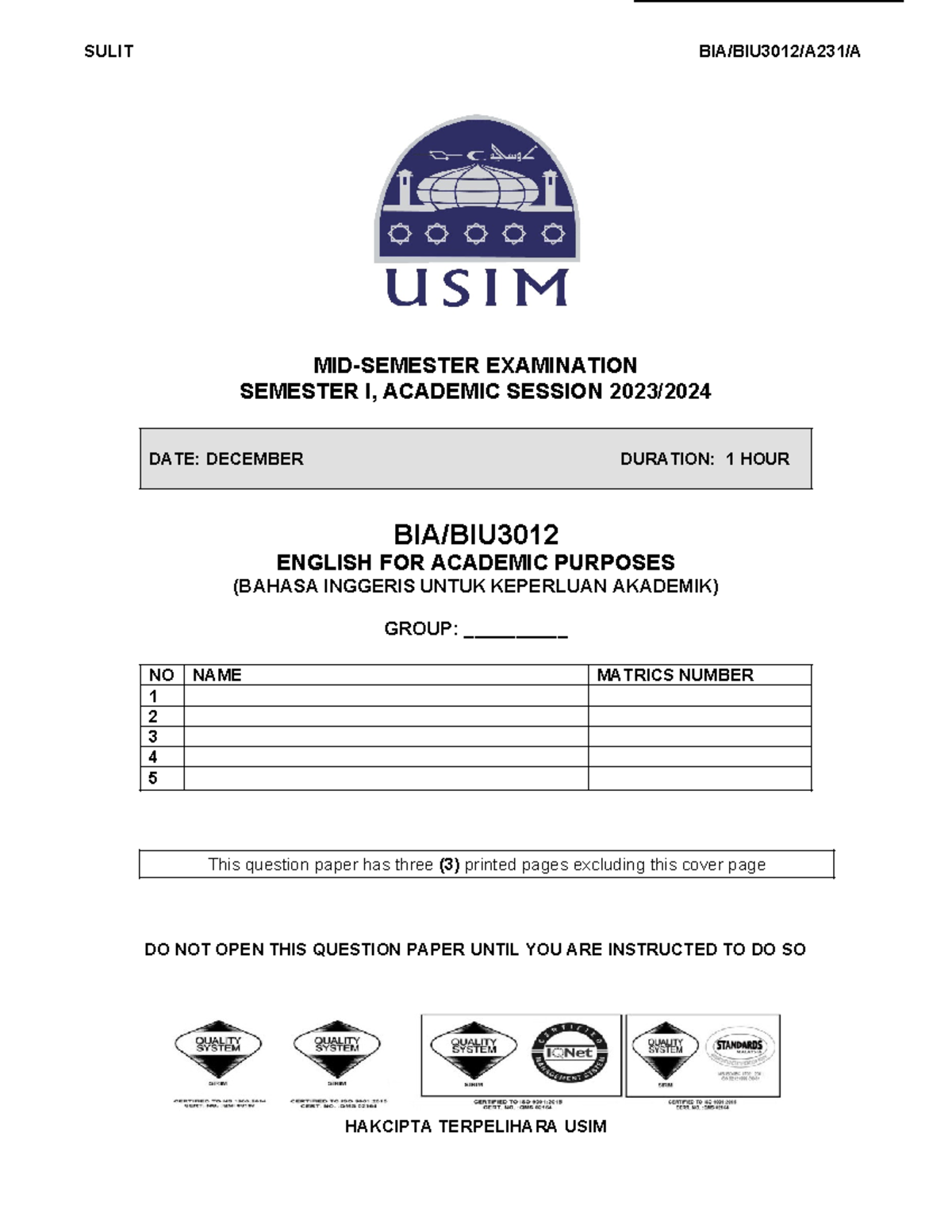 A231 Mid Semester Test - Summary - Set A 1 - MID-SEMESTER EXAMINATION ...