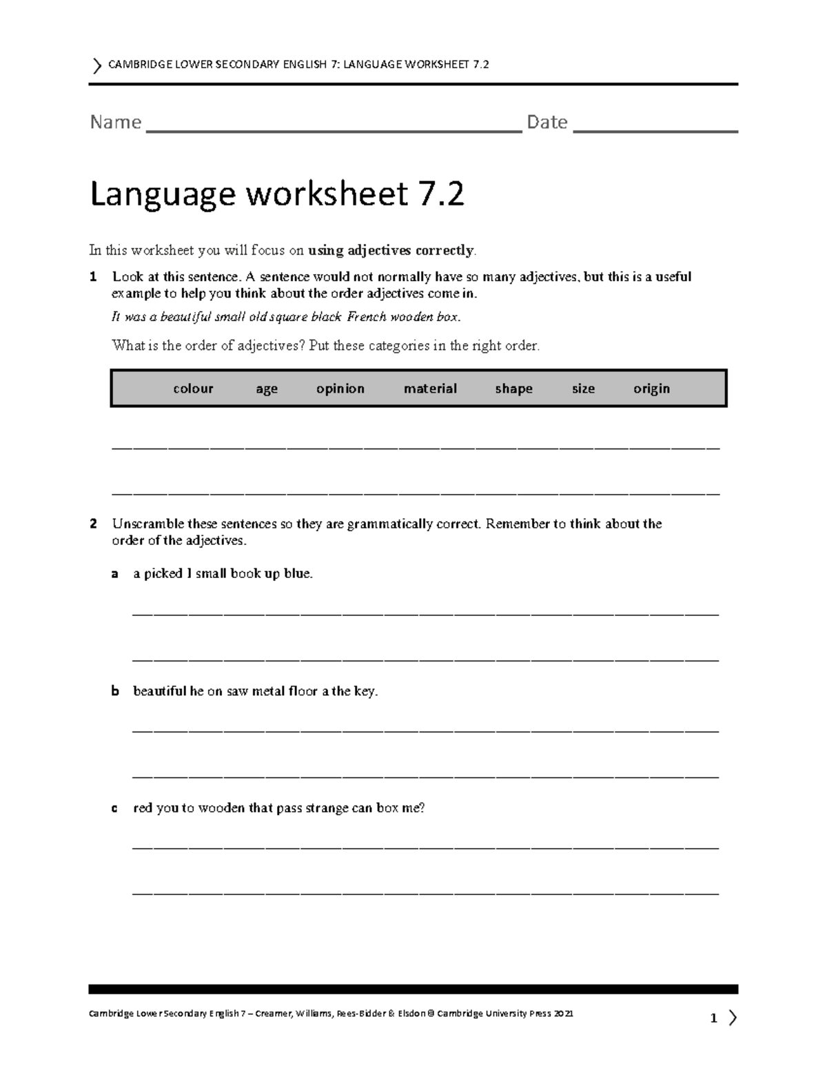 ENGLISH LAGUAGE WORKSHEET - CAMBRIDGE LOWER SECONDARY ENGLISH 7 ...