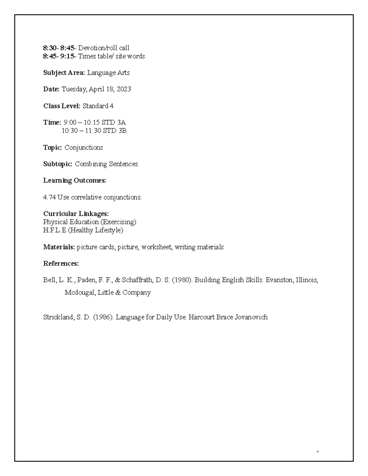 E.Castillo Language Arts Lesson Plan 2 - 8:30- 8:45- Devotion/roll call ...