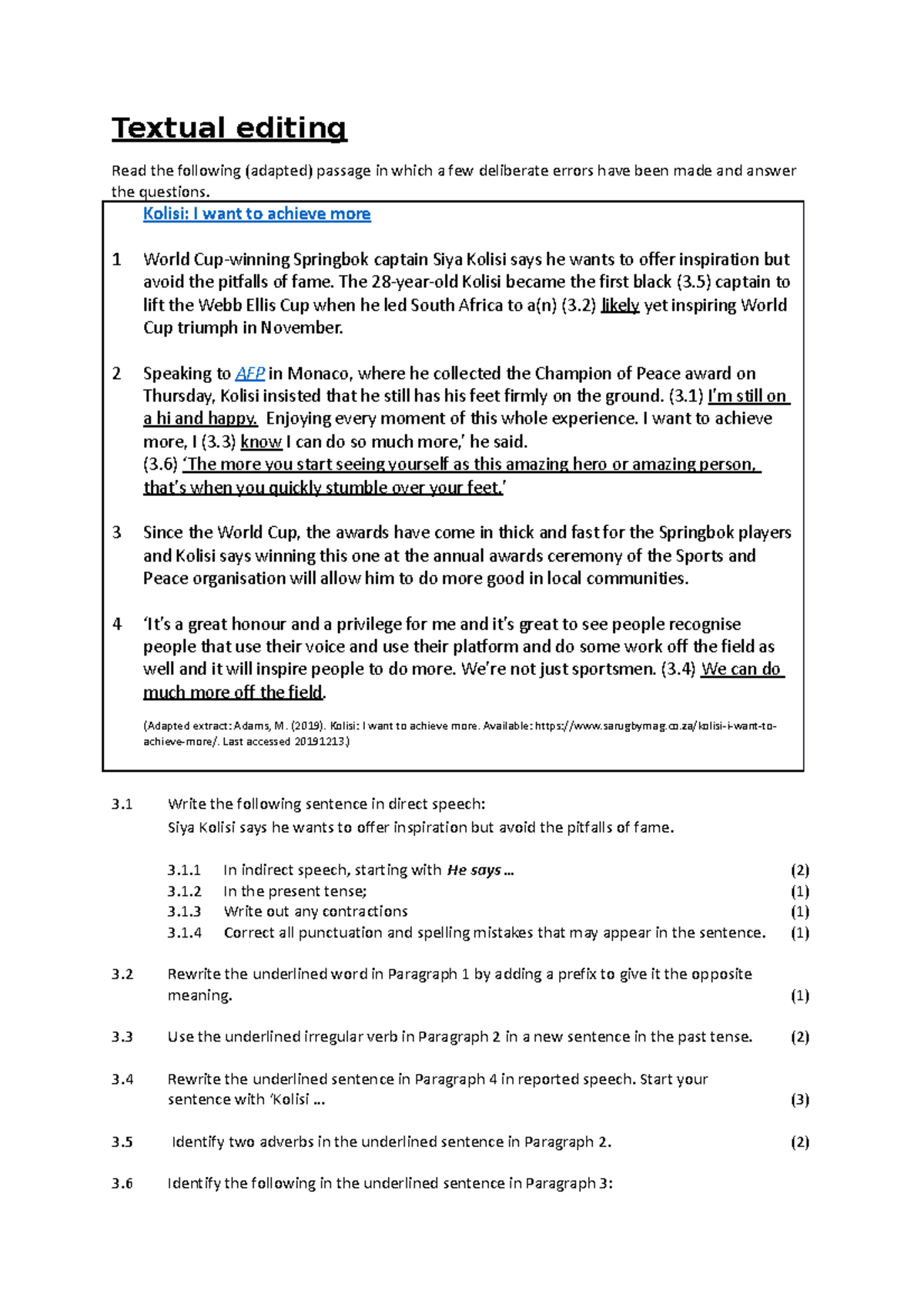 Textual editing worksheet - Textual editing Read the following (adapted ...