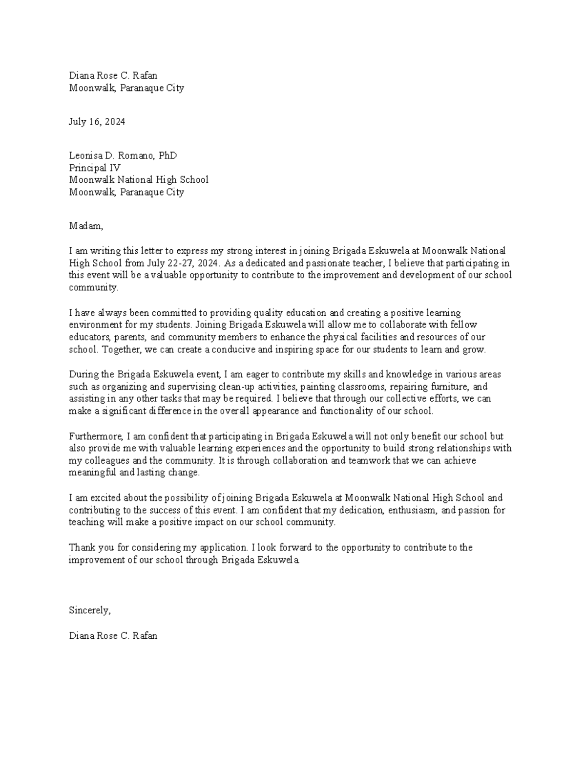 LOI BE - LETTER OF INTENT - Diana Rose C. Rafan Moonwalk, Paranaque ...