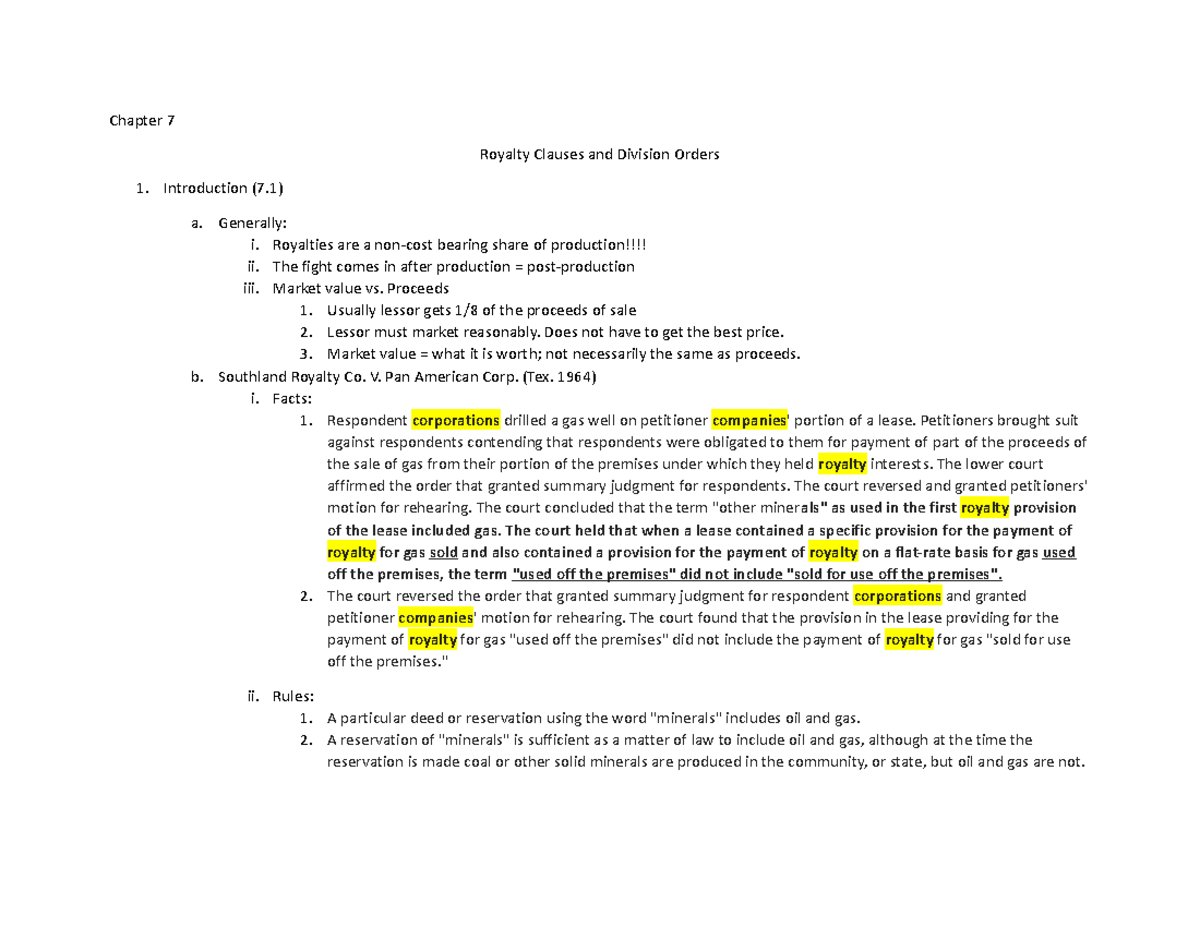 7 - Chapter 7 - Royalty Clauses and Divison Orders - Chapter 7 Royalty ...