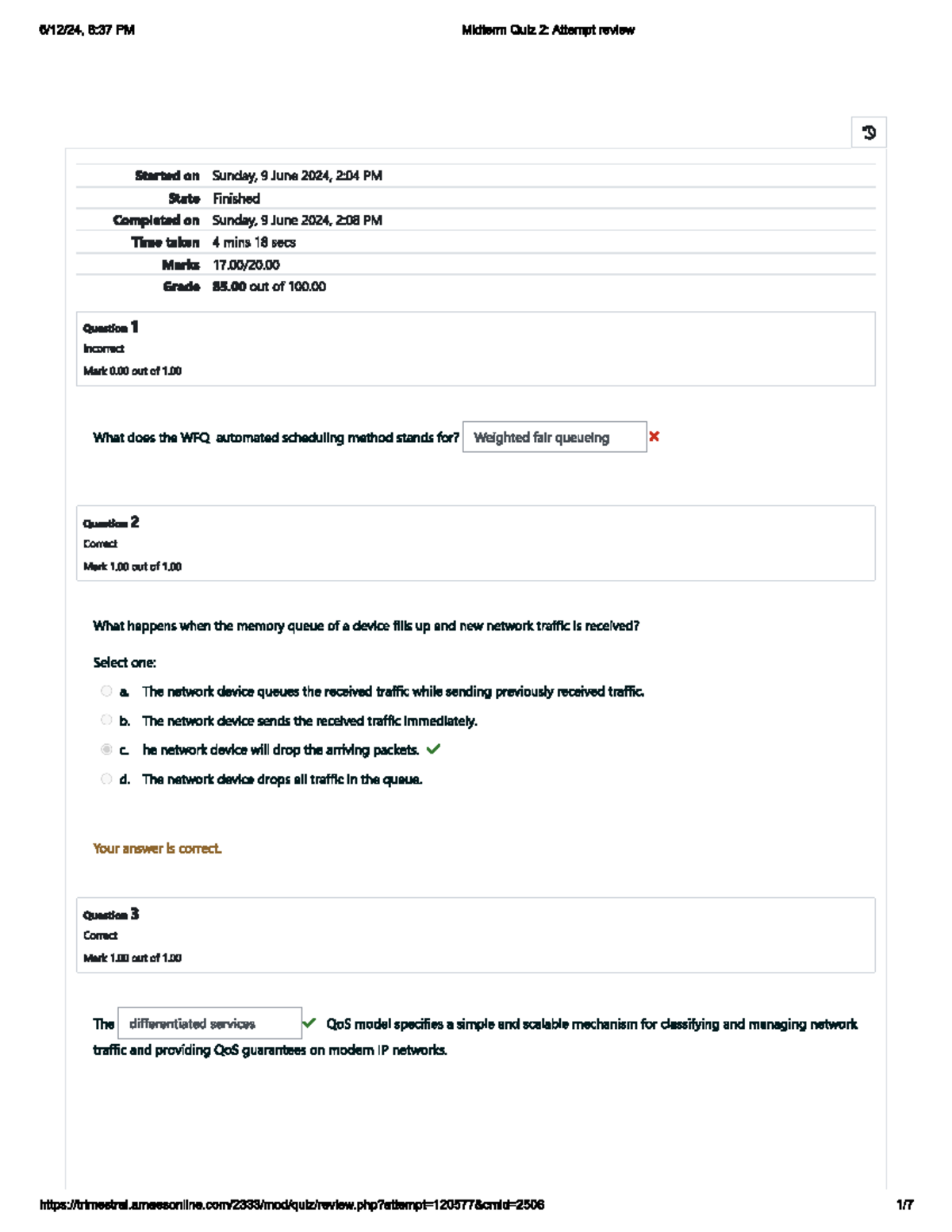Data Communications and Networking midq quiz 2 - 8:37 PM Midterm Quiz 2: Attempt review Started ...