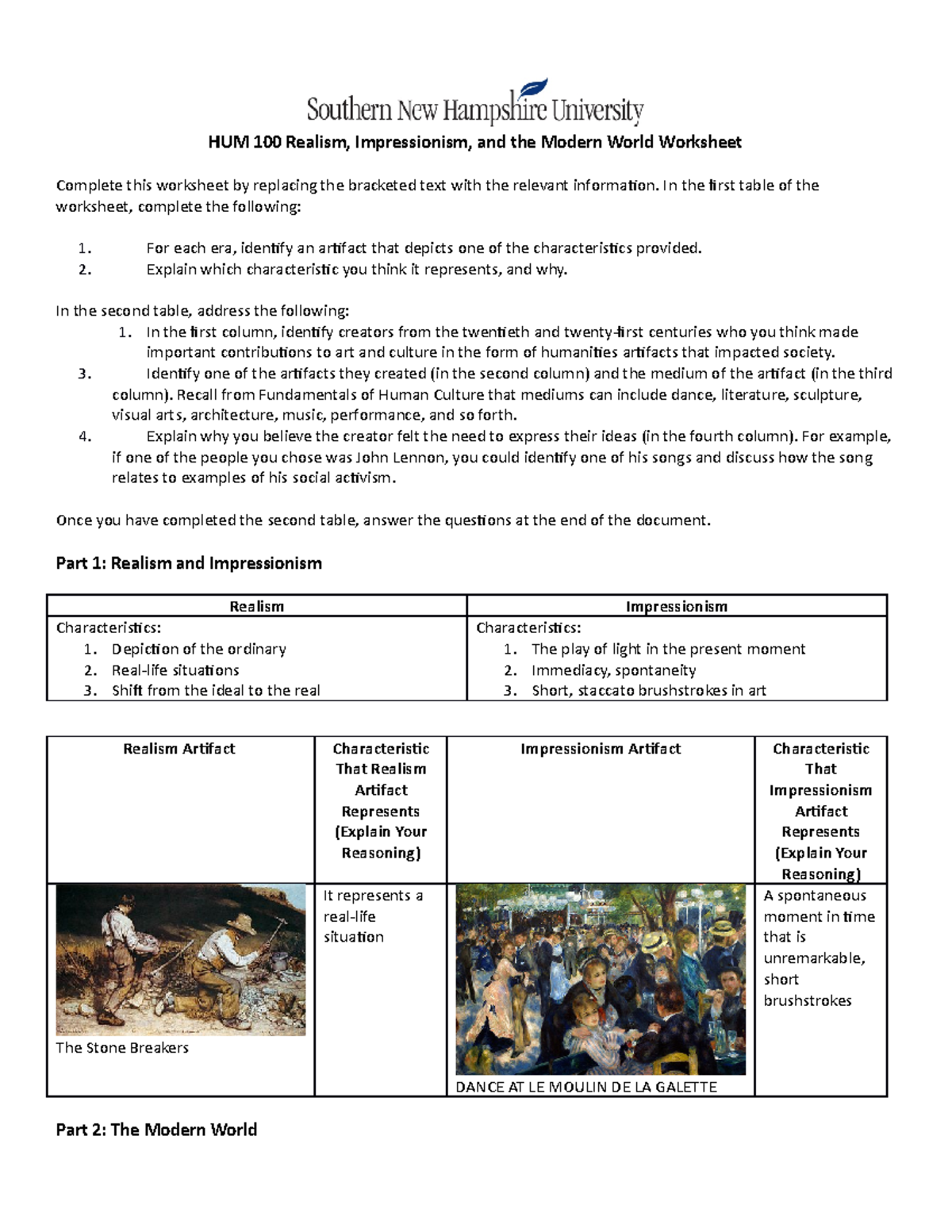 HUM 100 Realism Impressionism and the Modern World Worksheet 2 - HUM ...