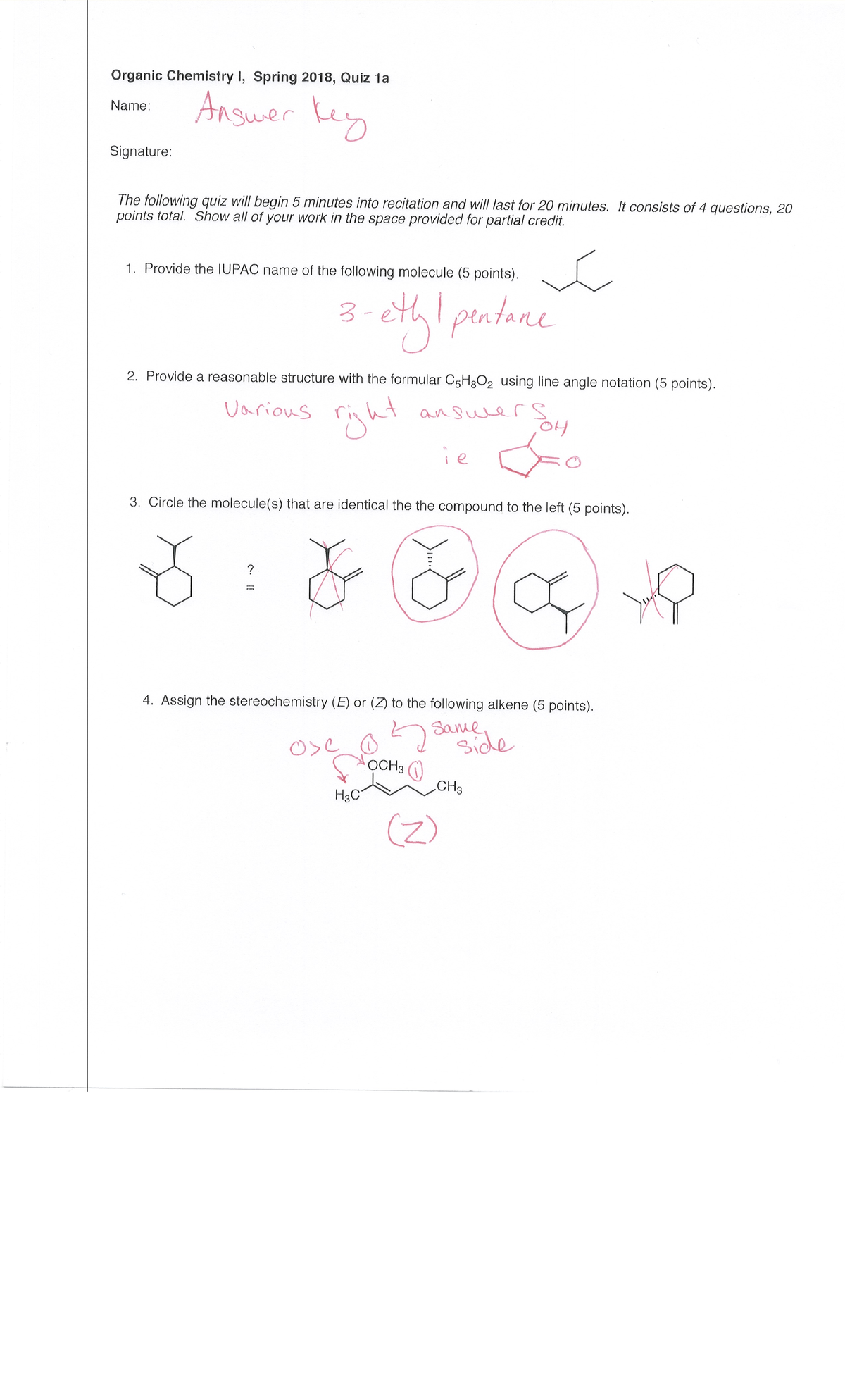S2018 Quiz 1 answers - Organic Chemistry I, Spring 2018, Quiz 1a Name ...
