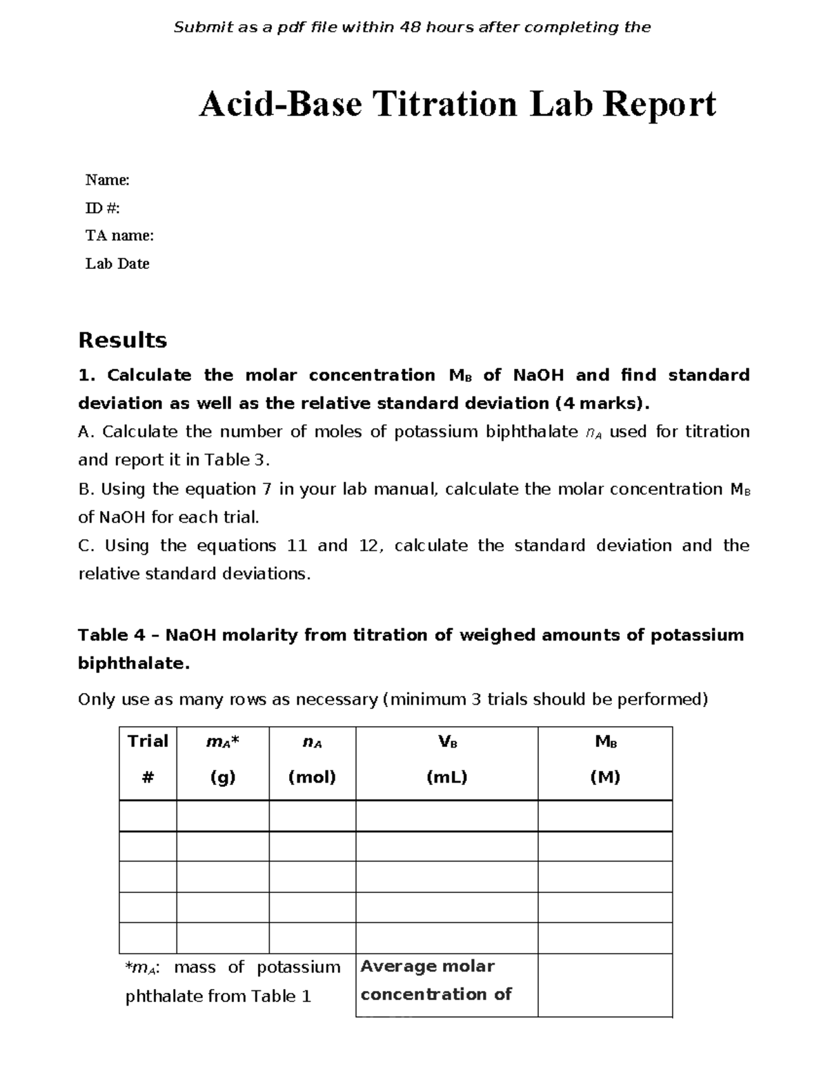 Acid-Base report template W2024 - lab Acid-Base Titration Lab Report ...