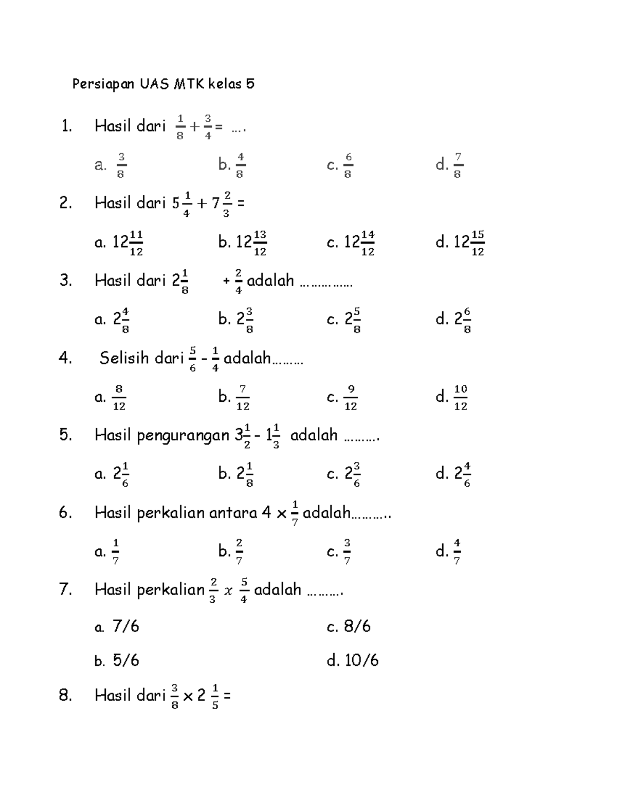 (rangkap 8) Persiapan UAS MTK kelas 5 pecahan - Persiapan UAS MTK kelas ...