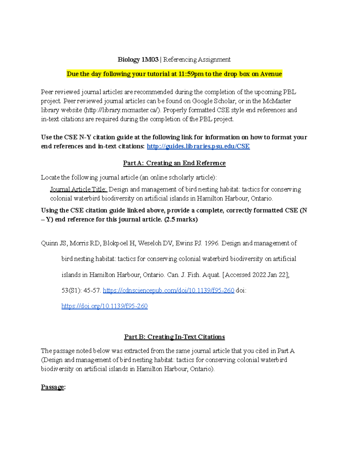 1M03 Referencing Assignment - Biology 1M03 | Referencing Assignment Due the day following your ...