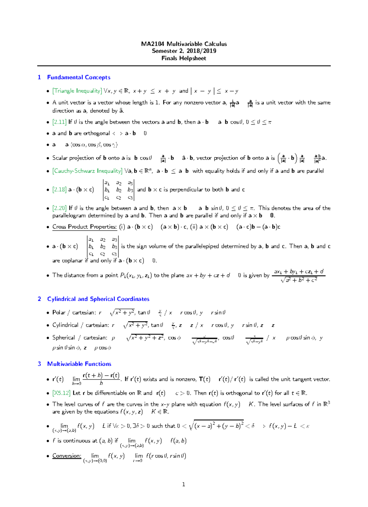 MA2104 Finals Helpsheet - MA 2104 Multivariable Calculus Semester 2 , 2018 / 2019 Finals ...