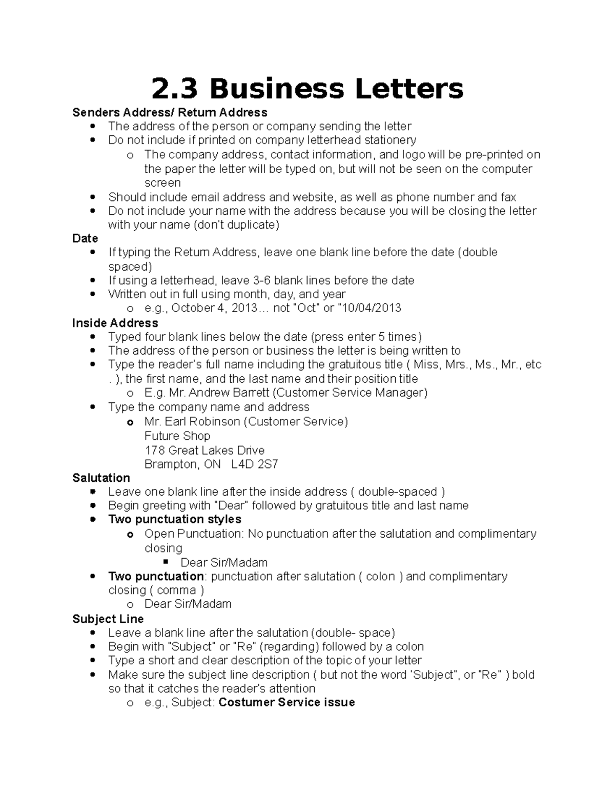 2.3 Business Letters - 2 Business Letters Senders Address/ Return ...