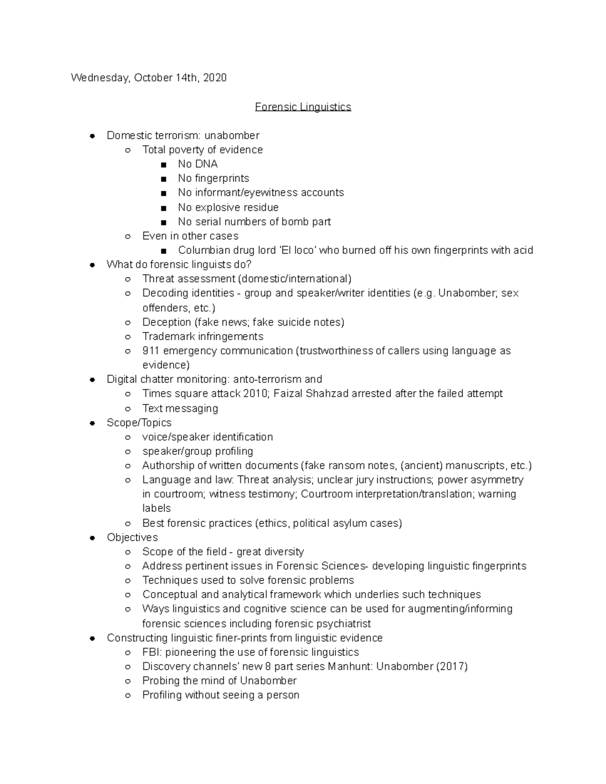 Class Notes Forensic Linguistics - Wednesday, October 14th, 2020 ...